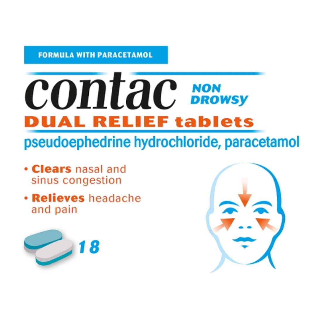 Contac Non Drowsy Dual Relief 18 Tablets | Contac Tablets | Health